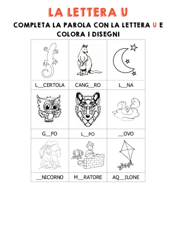Completa le parole con la lettera U - Schede Didattiche