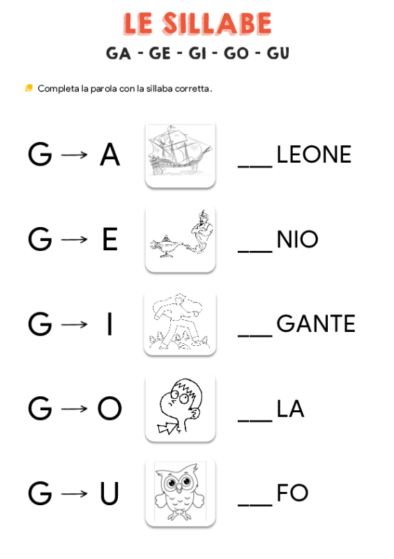 LE SILLABE GA-GE-GI-GO-GU - Schede Didattiche