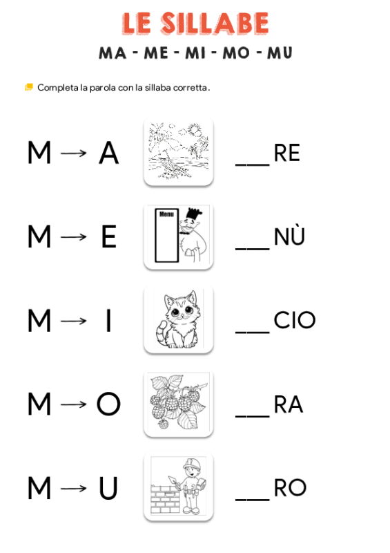 Le sillabe - ma-me-mi-mo-mu - Schede Didattiche