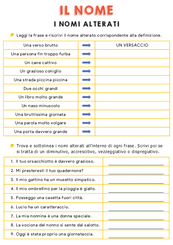 Schede didattiche Nomi Alterati da stampare