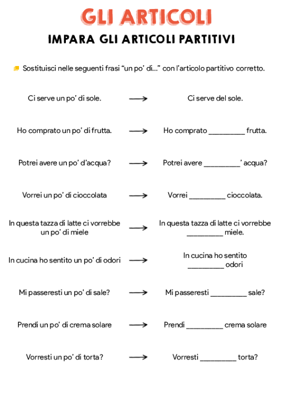 Schede didattiche Articoli Partitivi da stampare